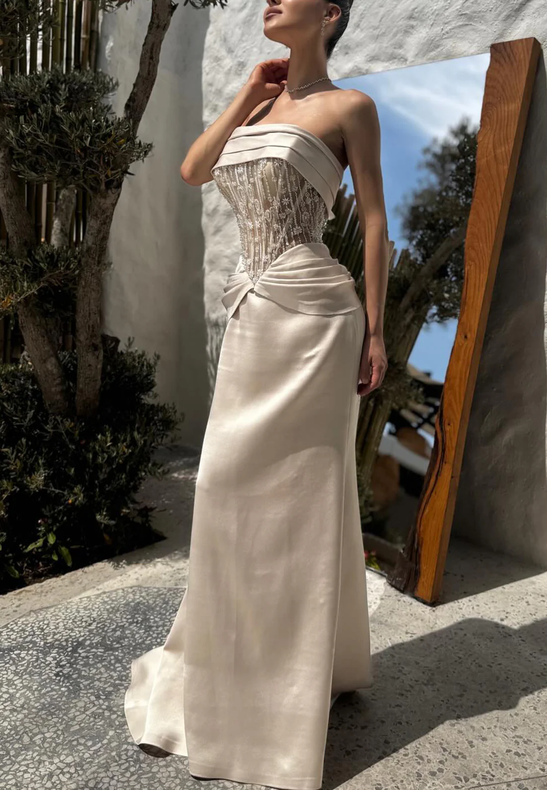 Off-Shoulder Strapless Beaded Emboridery Pleated Sheath Evening Dress ...