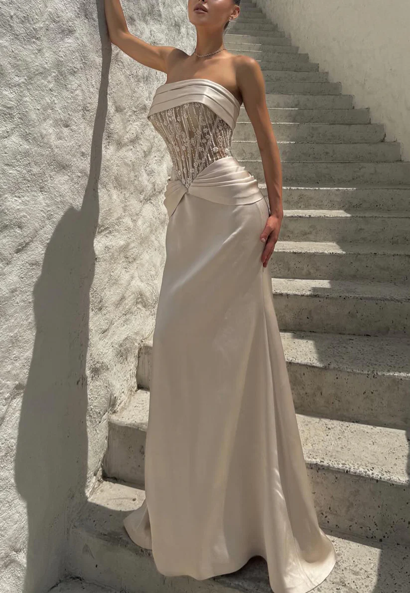 Off-Shoulder Strapless Beaded Emboridery Pleated Sheath Evening Dress ...