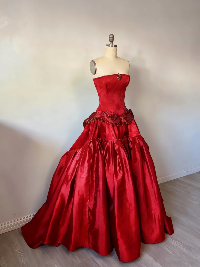 Vintage Ball Gown Strapless Burgundy Sleeveless Satin 90s Classy Prom ...